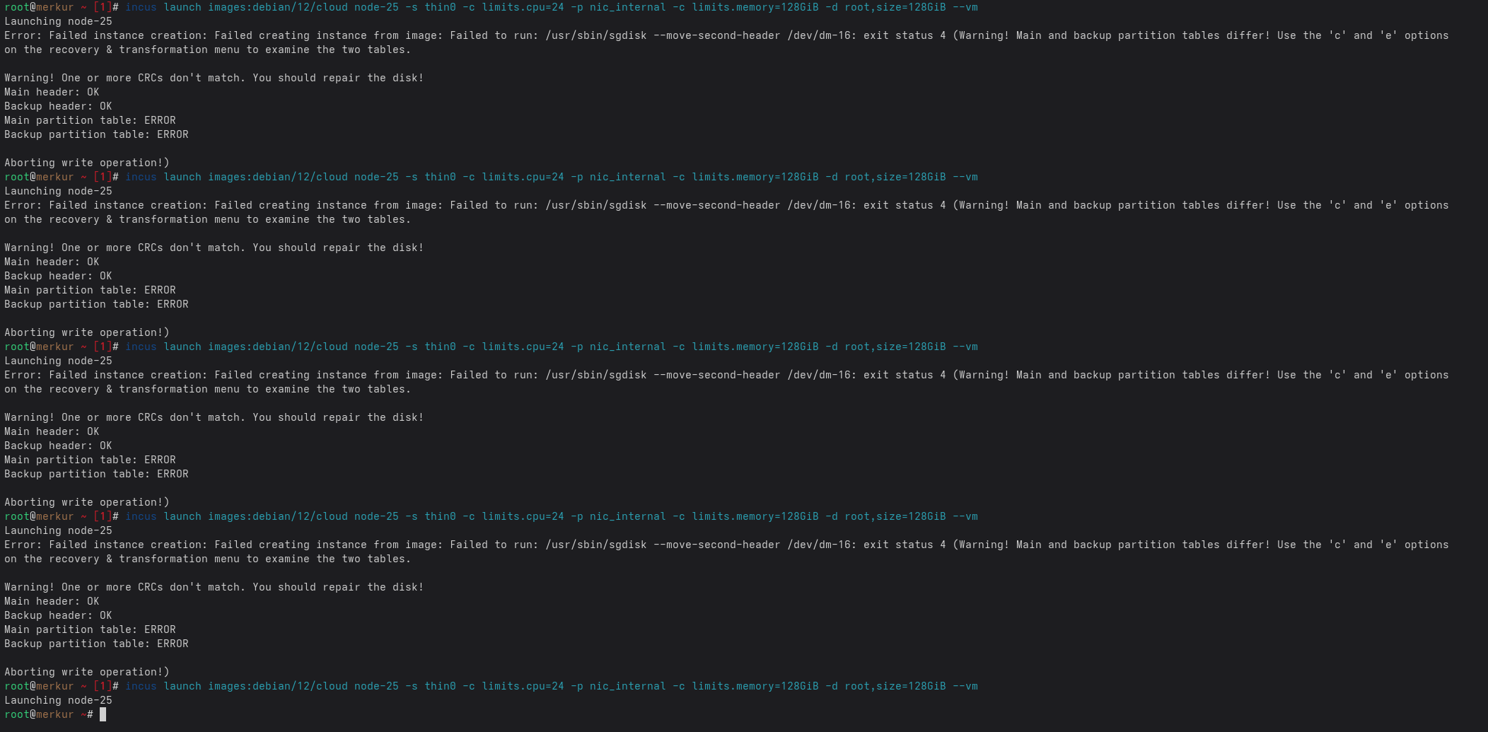 Can't create VM instance on a thinpool (Main and backup partition tables differ!) - Incus ...